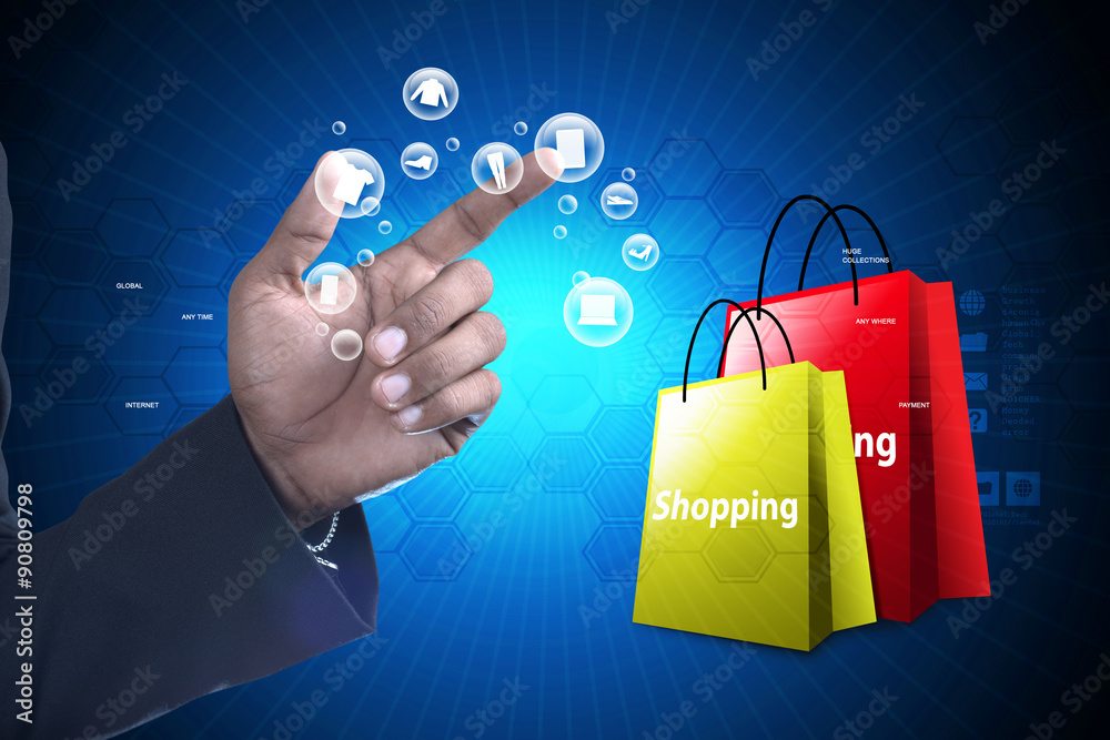 Business man showing Online shopping concept in color background Stock ...