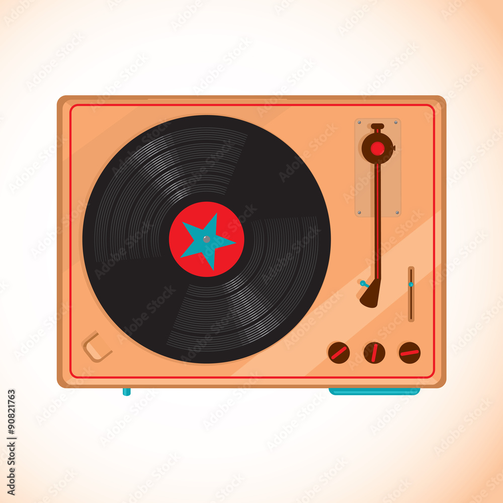 vinyl records player.Vinyl records player. Top view of a wooden ...