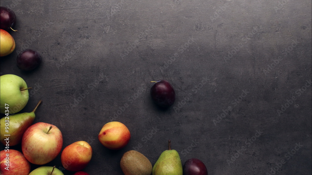 Fruits moving on kitchen table background. Stop motion animation, top ...