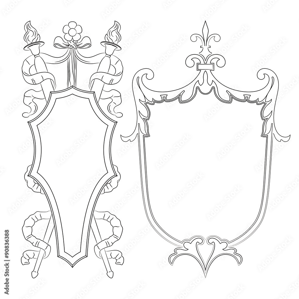 Outline luxury decorative ornate shield, frame and border. Set of coat ...