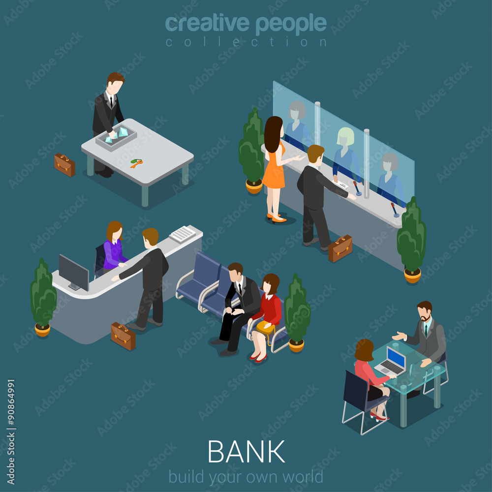 Bank office interior elements and people Stock Vector | Adobe Stock