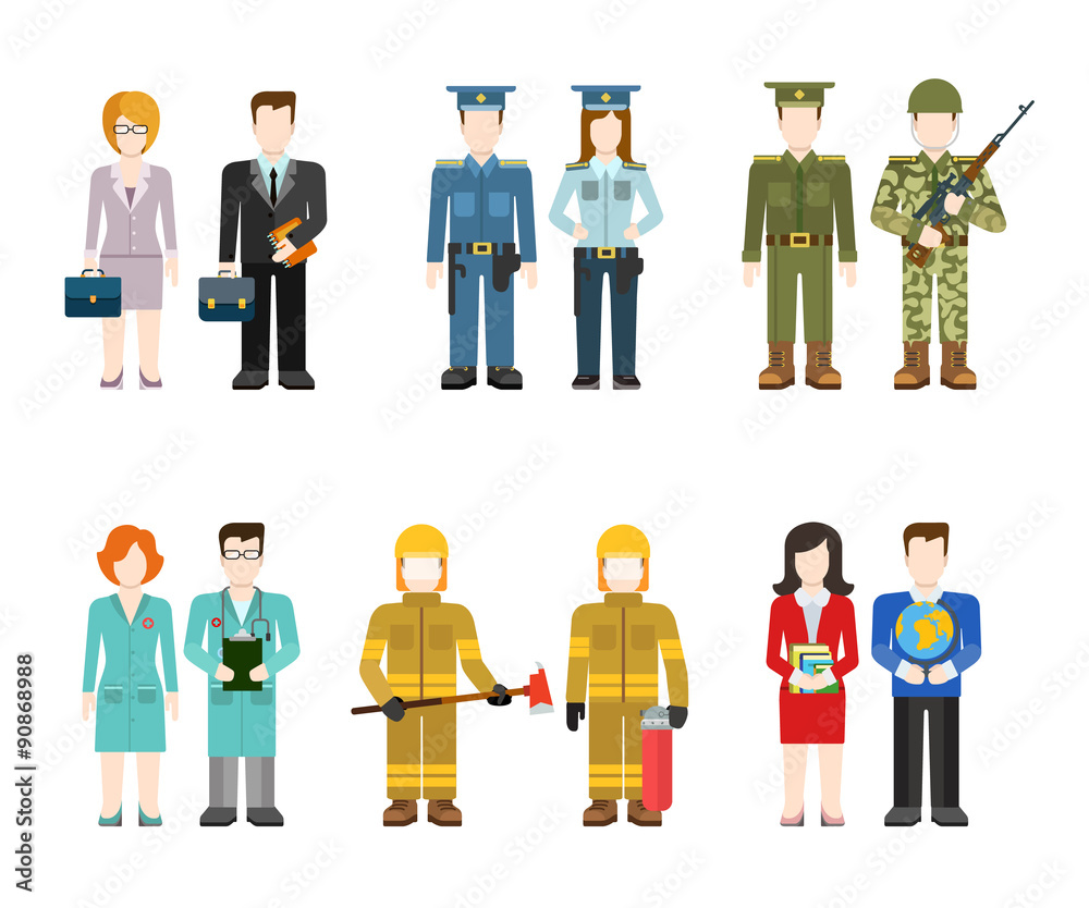 Flat professions uniform: army, police, doctor, fireman, teacher Stock ...