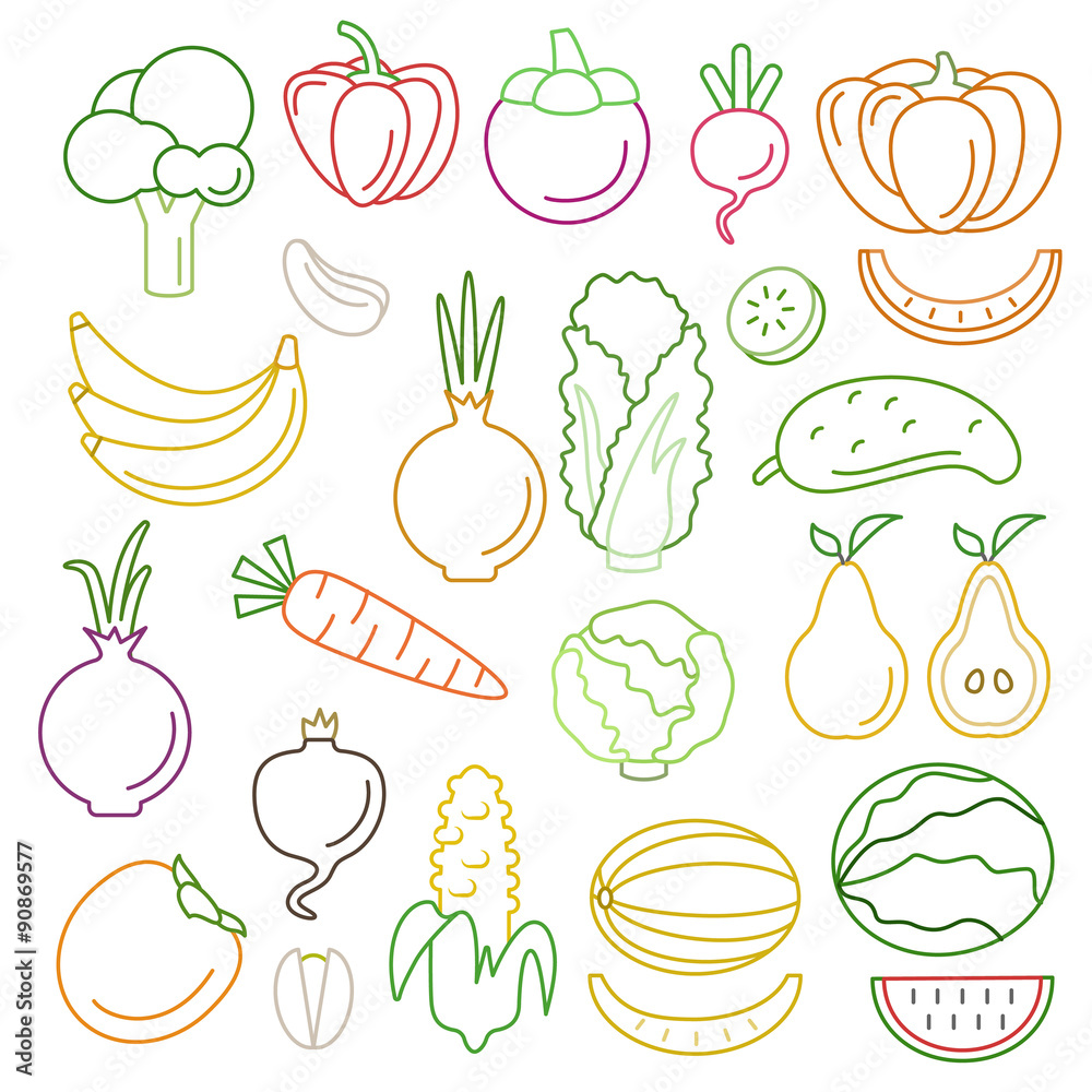 Line art vector graphical fancy food set of fruit and vegetable Stock ...