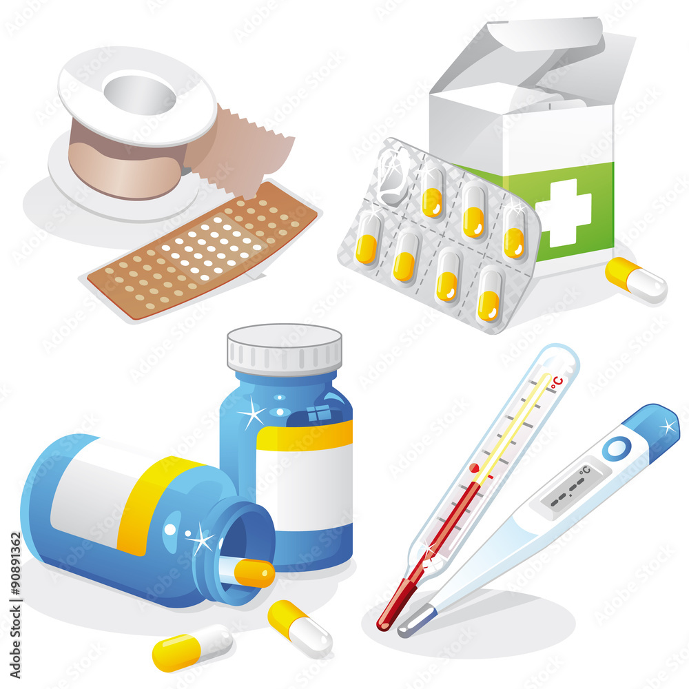 Set of medical design elements, hand-drawn in a realistic style ...