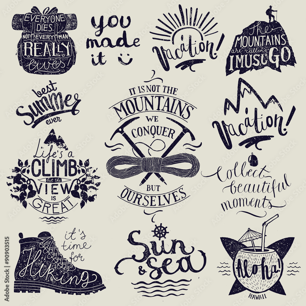 vacation hiking lettering set. travel calligraphy. vector illustration ...