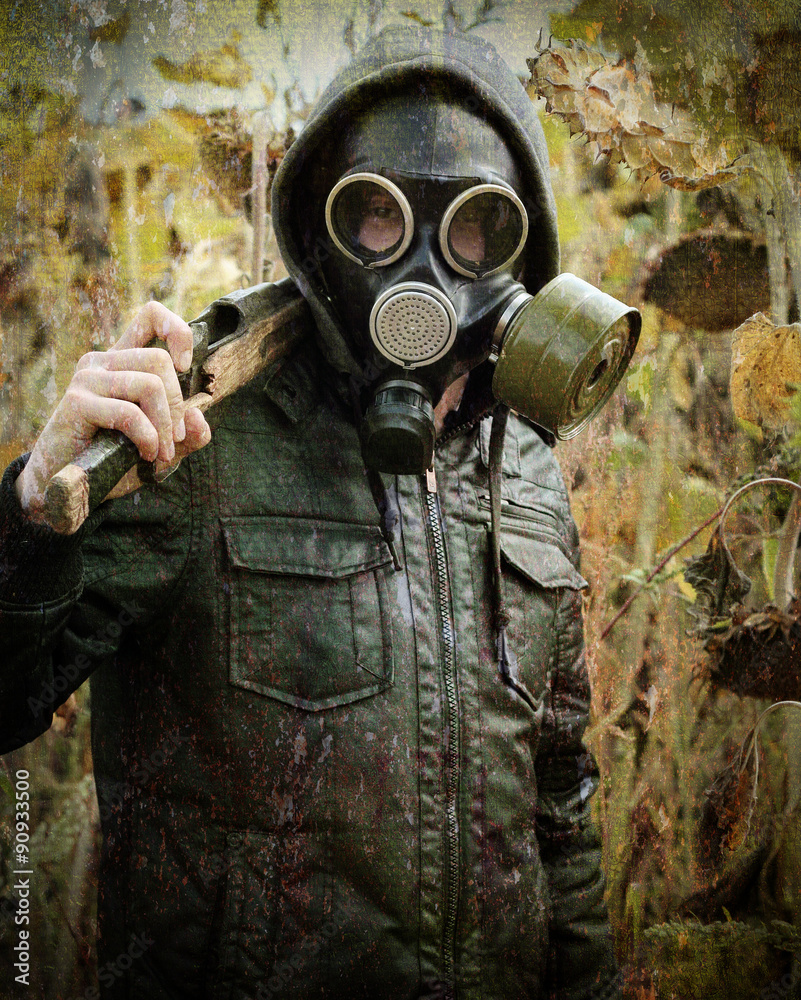 man gas mask gun concept the danger of war rusty grunge background ...