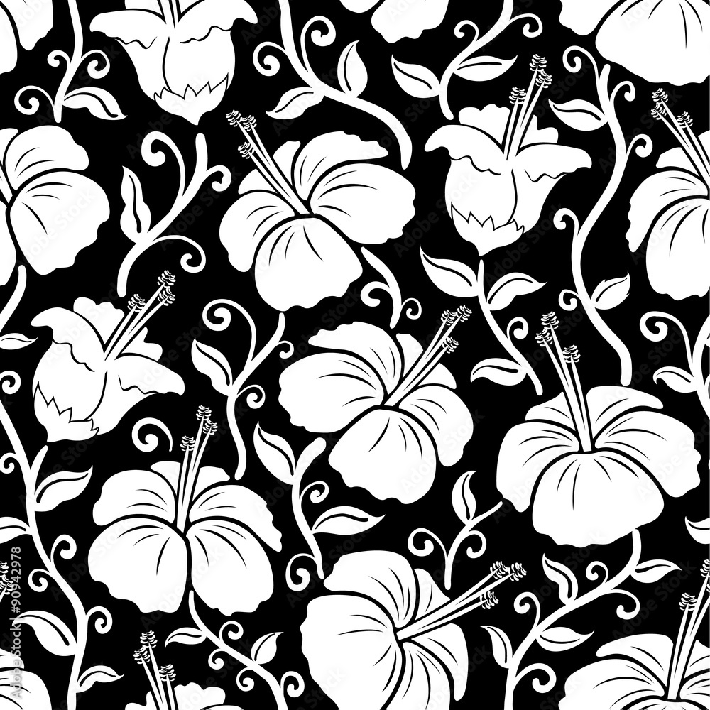 Hawaiian Print Seamless Hibiscus Flower Background Pattern