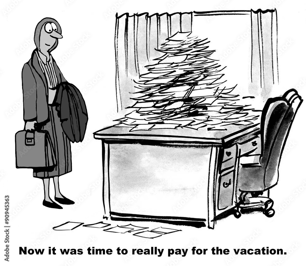 Business cartoon showing businesswoman looking at desk stacked with ...