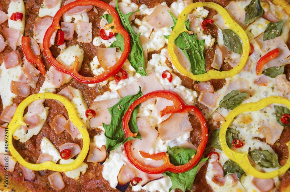 Pizza toppings. Top view of rectangular 3 in 1 oven baked pizza topped ...