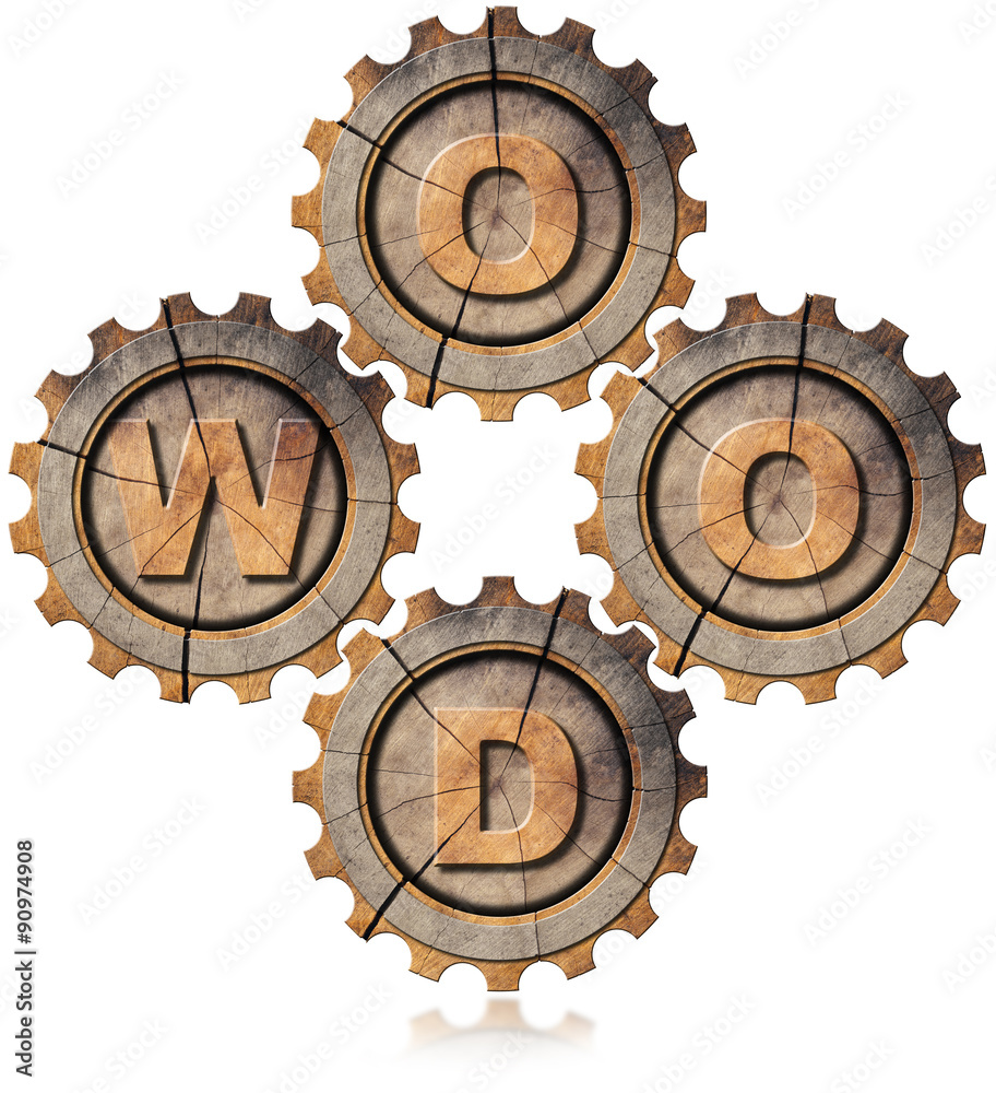 Wood Symbol with Four Wooden Gears / Wooden symbol with text wood and ...