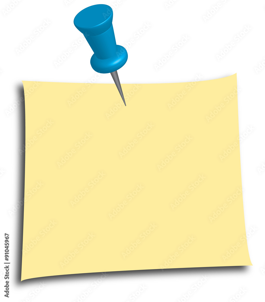 Blank yellow sticky note with blue push pin isolated on white ...