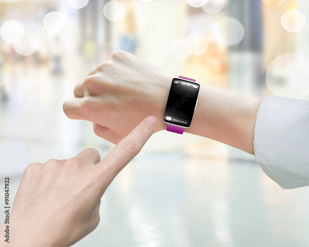 Female index finger pointing smartwatch blank black glass bent t Stock ...