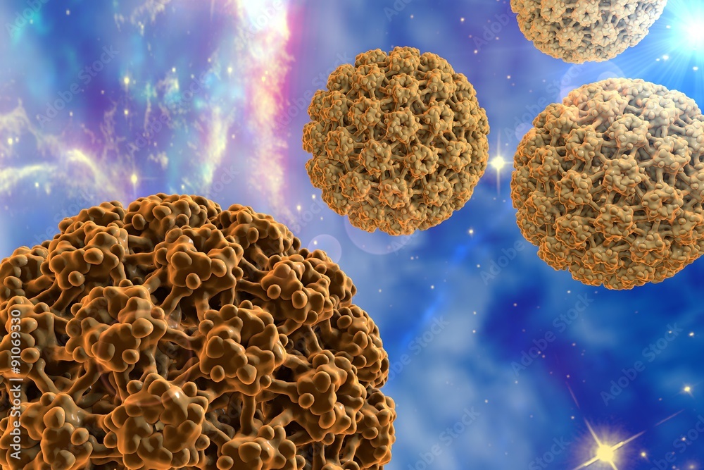 Human Papillomavirus type 16 on surrealistic background (HPV). A model ...