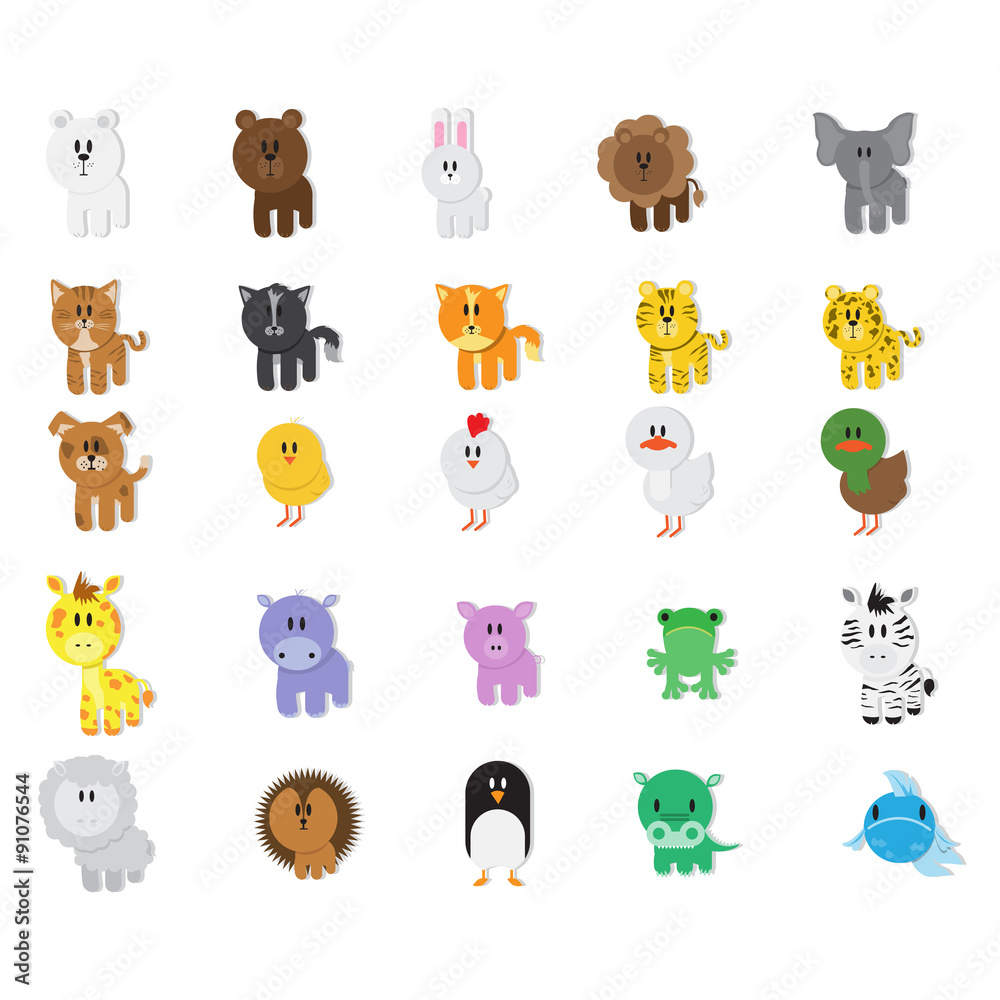 Cartoon Animals Face Set - Isolated On White Background Stock Vector ...