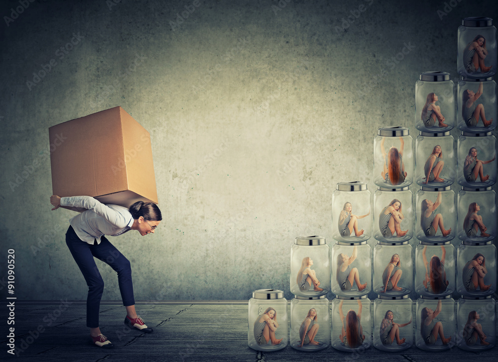 woman with big box on her back climbing up a stair made of jars with ...