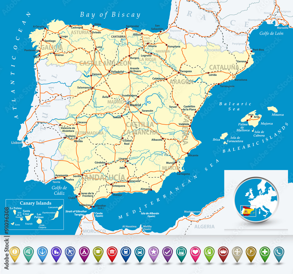 Detailed map of Spain with bubble icons Stock Vector | Adobe Stock