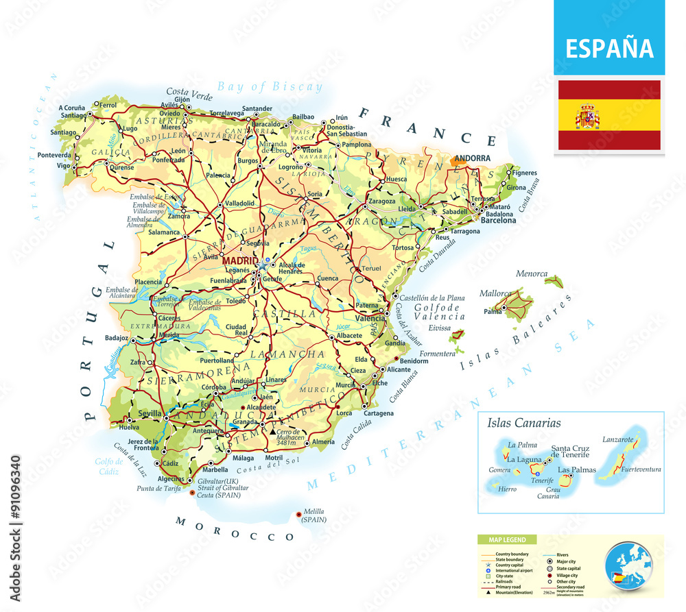 Detailed physical map of Spain Stock Vector | Adobe Stock