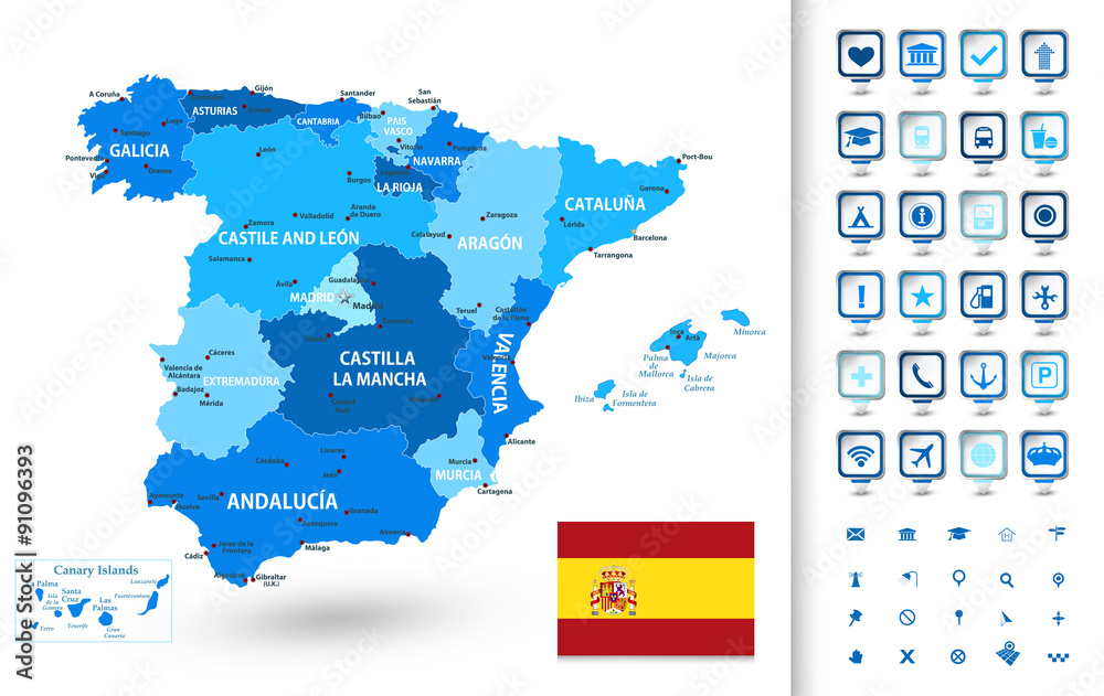 Map of Spain with markers Stock Vector | Adobe Stock