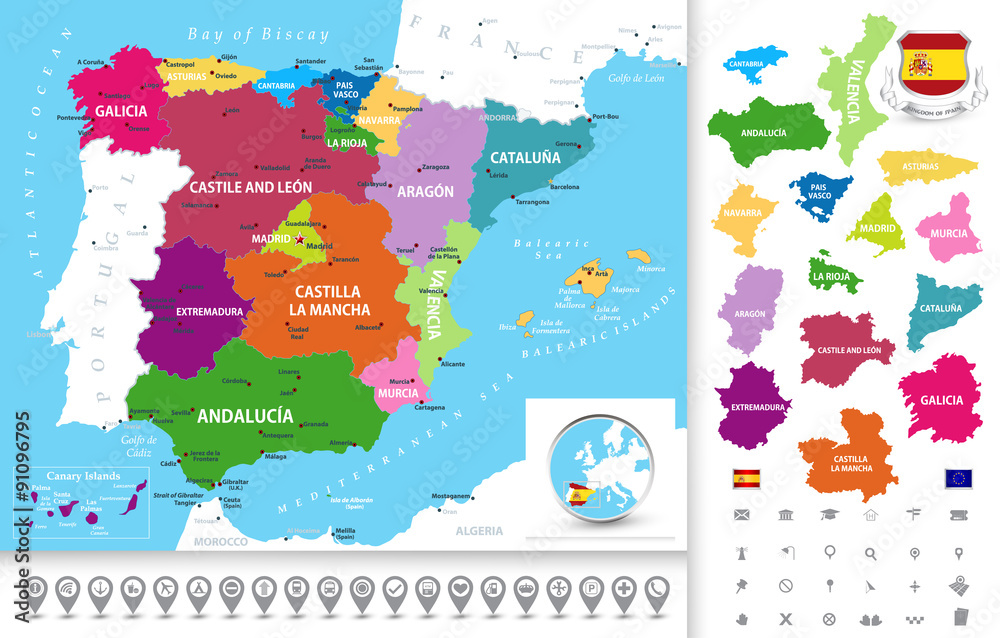 Political map of Spain with navigation icons collection Stock Vector ...