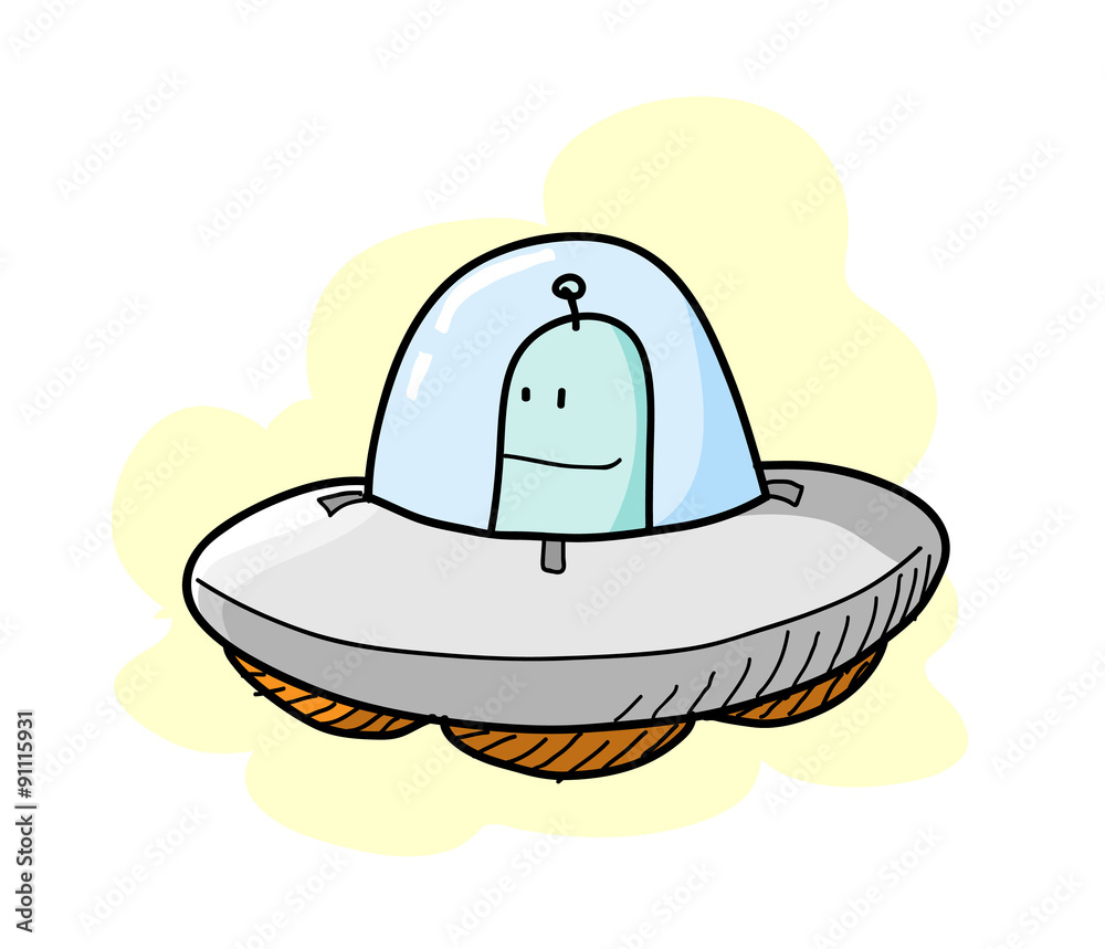 UFO, a hand drawn vector illustration of an alien driving its UFO ...