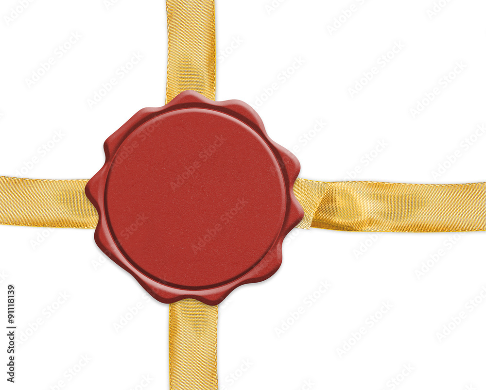 cachet de cire rouge sur ruban doré emballage cadeau Photos | Adobe Stock