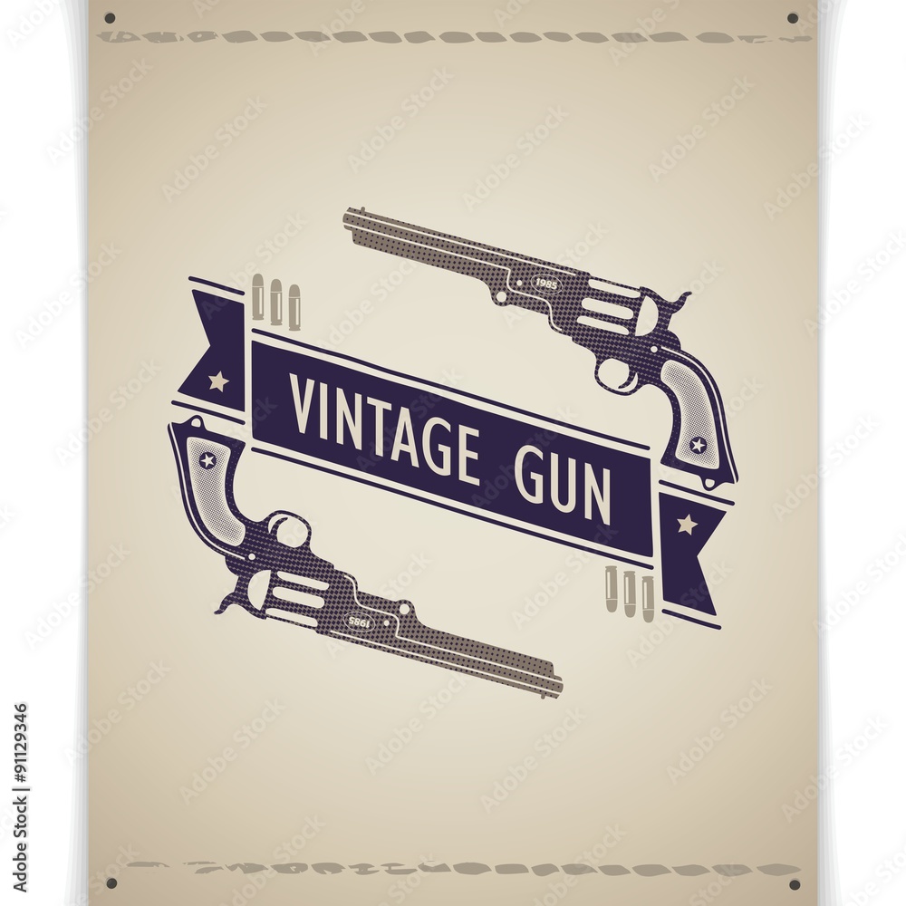 Vector banner with two guns and ammunition belt on craft background in ...