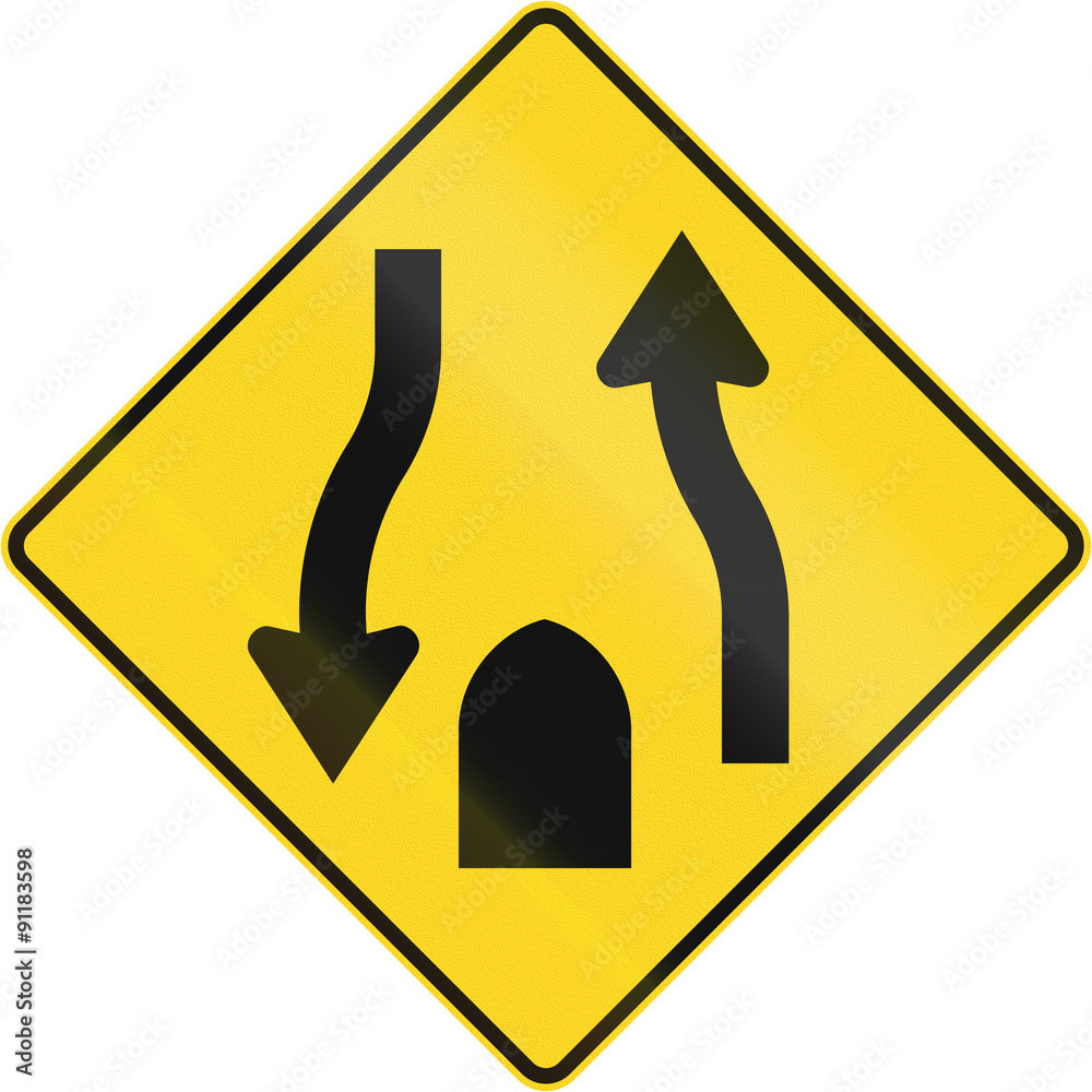 Canadian road warning sign - Central Reserve With Two Way Traffic Ends ...
