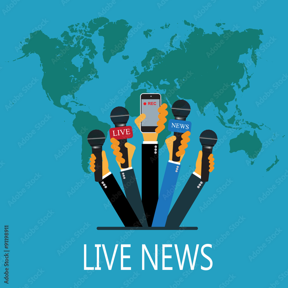 vector live report concept, live news, hands of journalists with ...