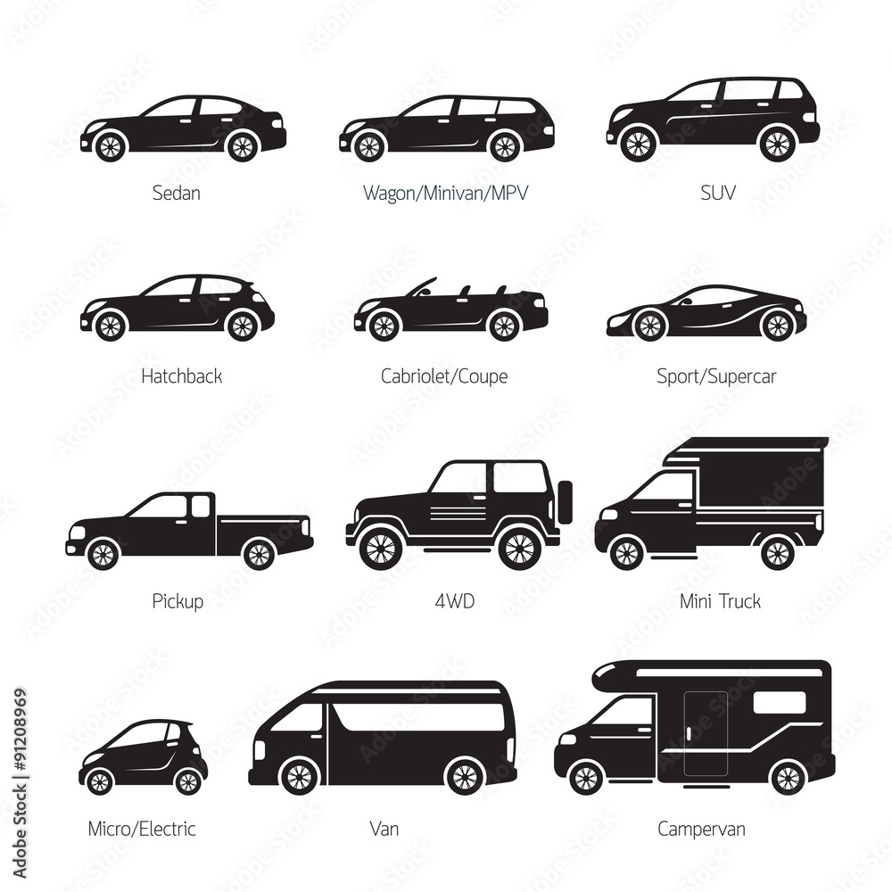 Car Type and Model Objects icons Set, Black and white, Silhouette ...