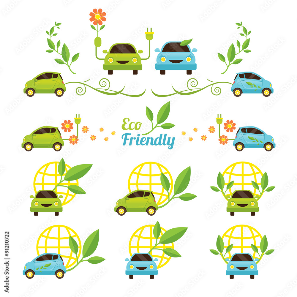 Eco Car Icons Set, Flat Design with Green Plant, Energy Conservation ...