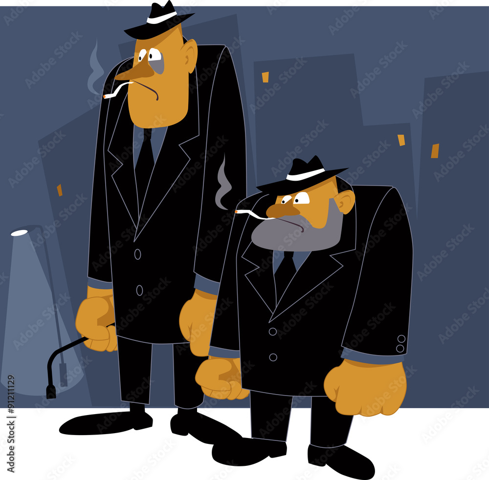 Two cartoon mafia thugs standing on night urban background, vector ...