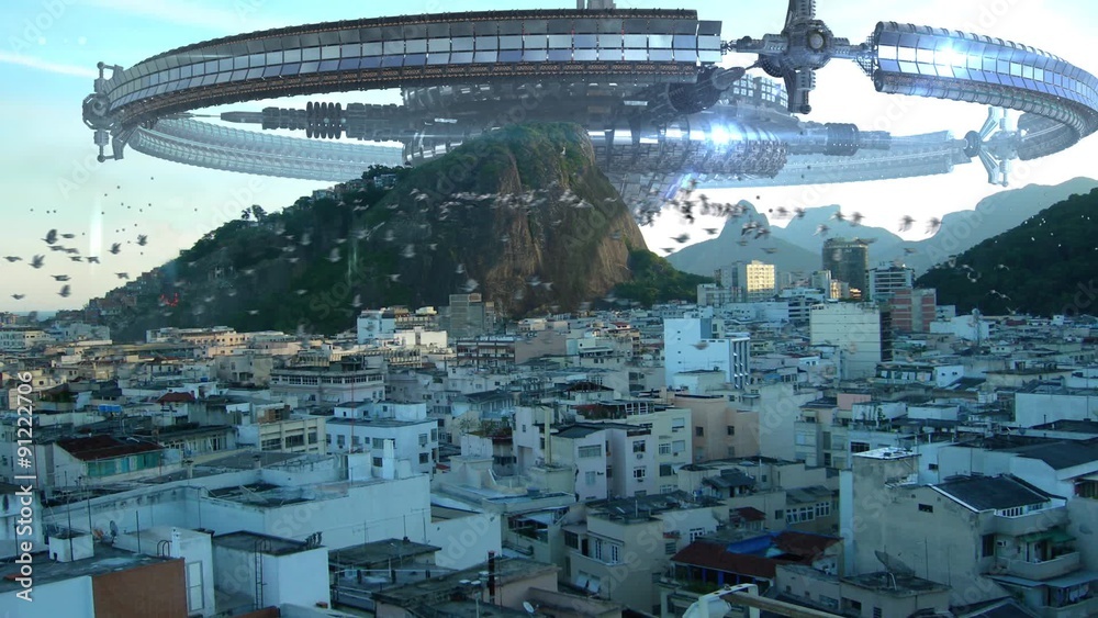 A fleet of wheel-shaped unidentified flying objects and drones, above ...