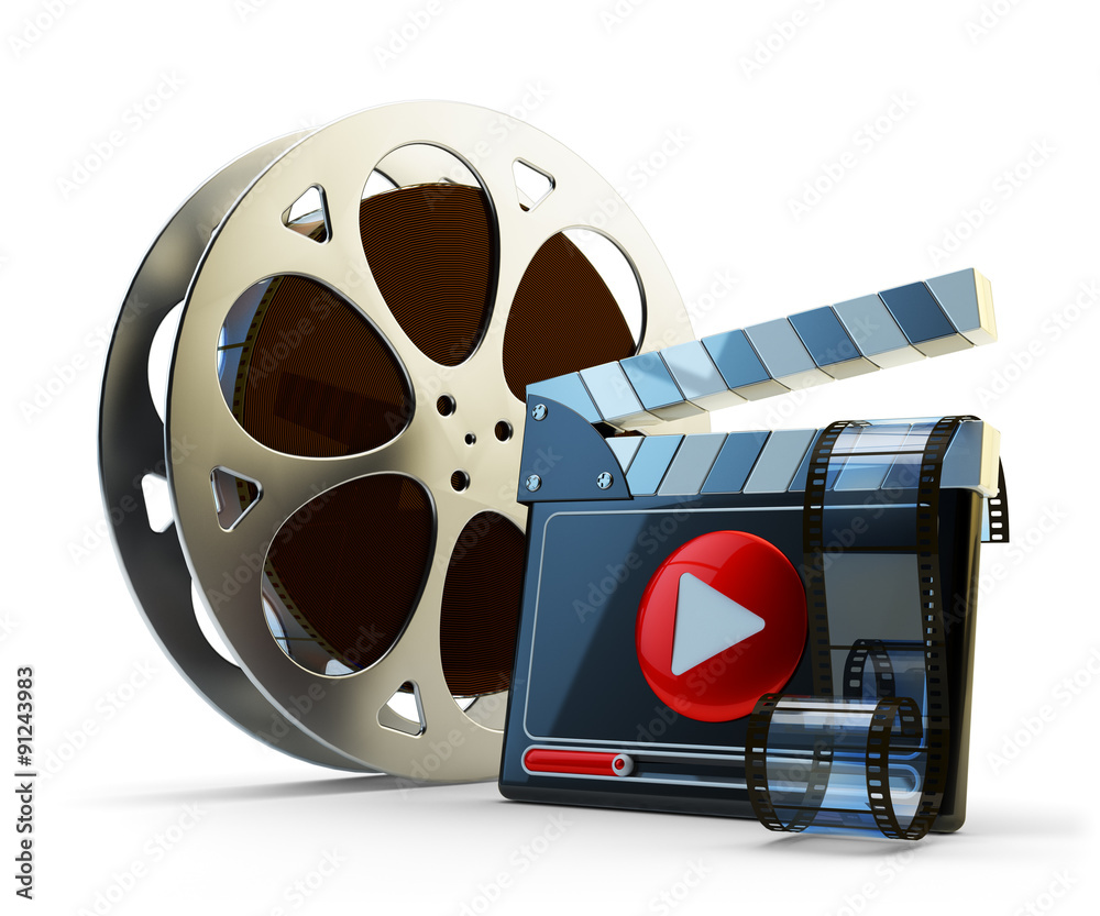 Media player and video clips production concept, film reel and clapper ...