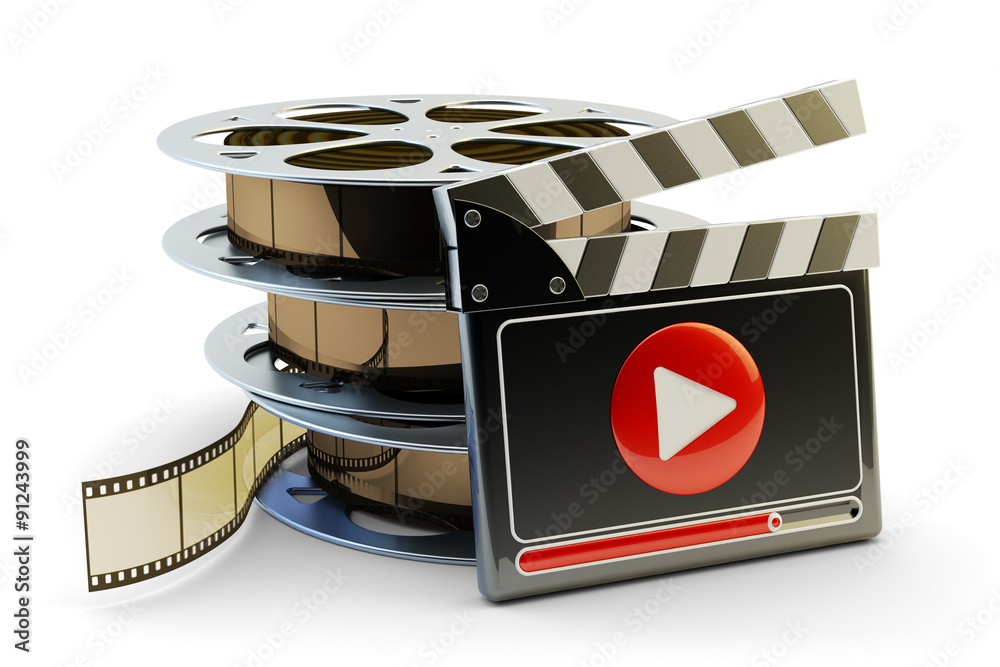 Media player and video clips production concept, stack of film reels ...