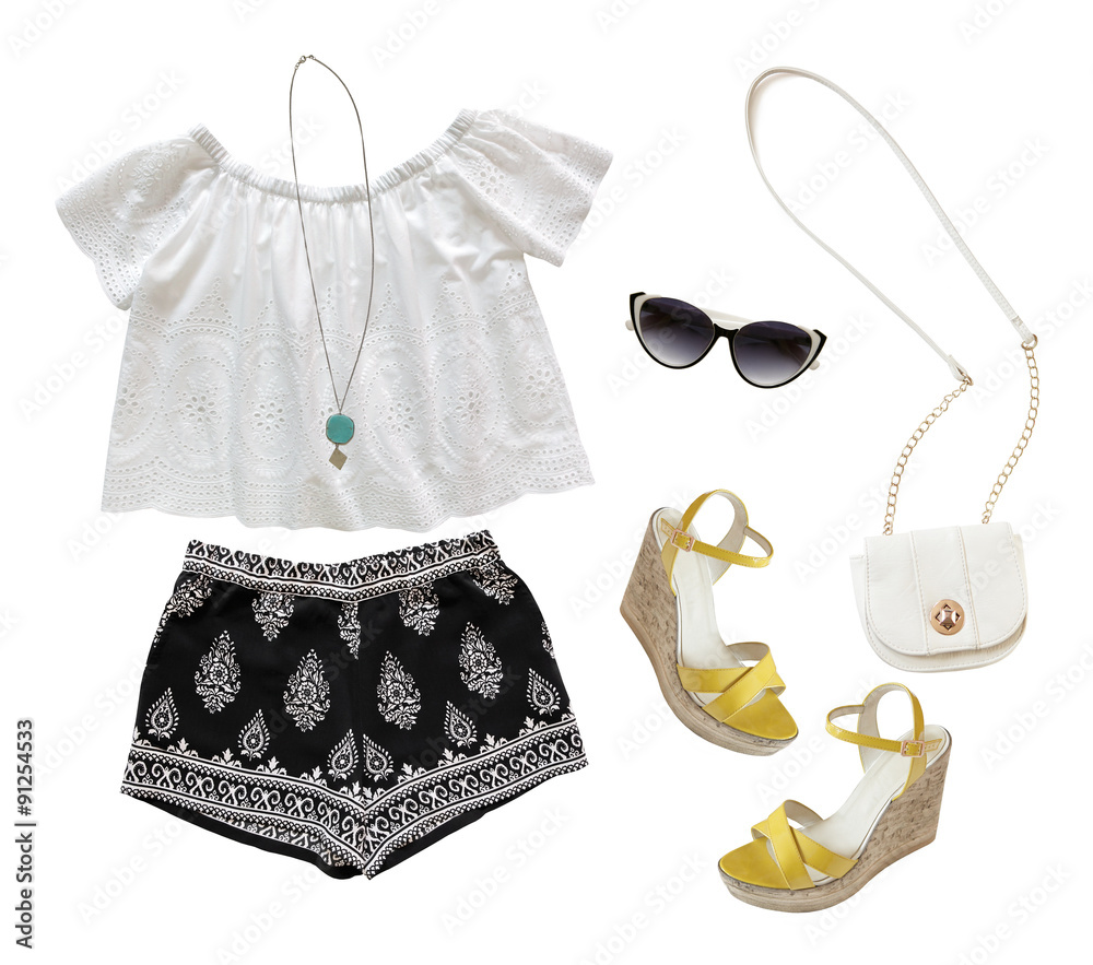 Collage of summer clothes isolated on white foto de Stock | Adobe Stock