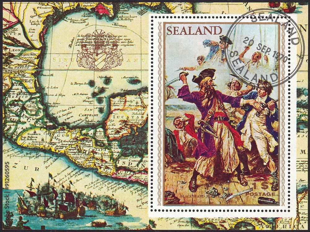 postage stamp Sealand 1970, Edward Teach Blackbeard,pirate attack Stock ...