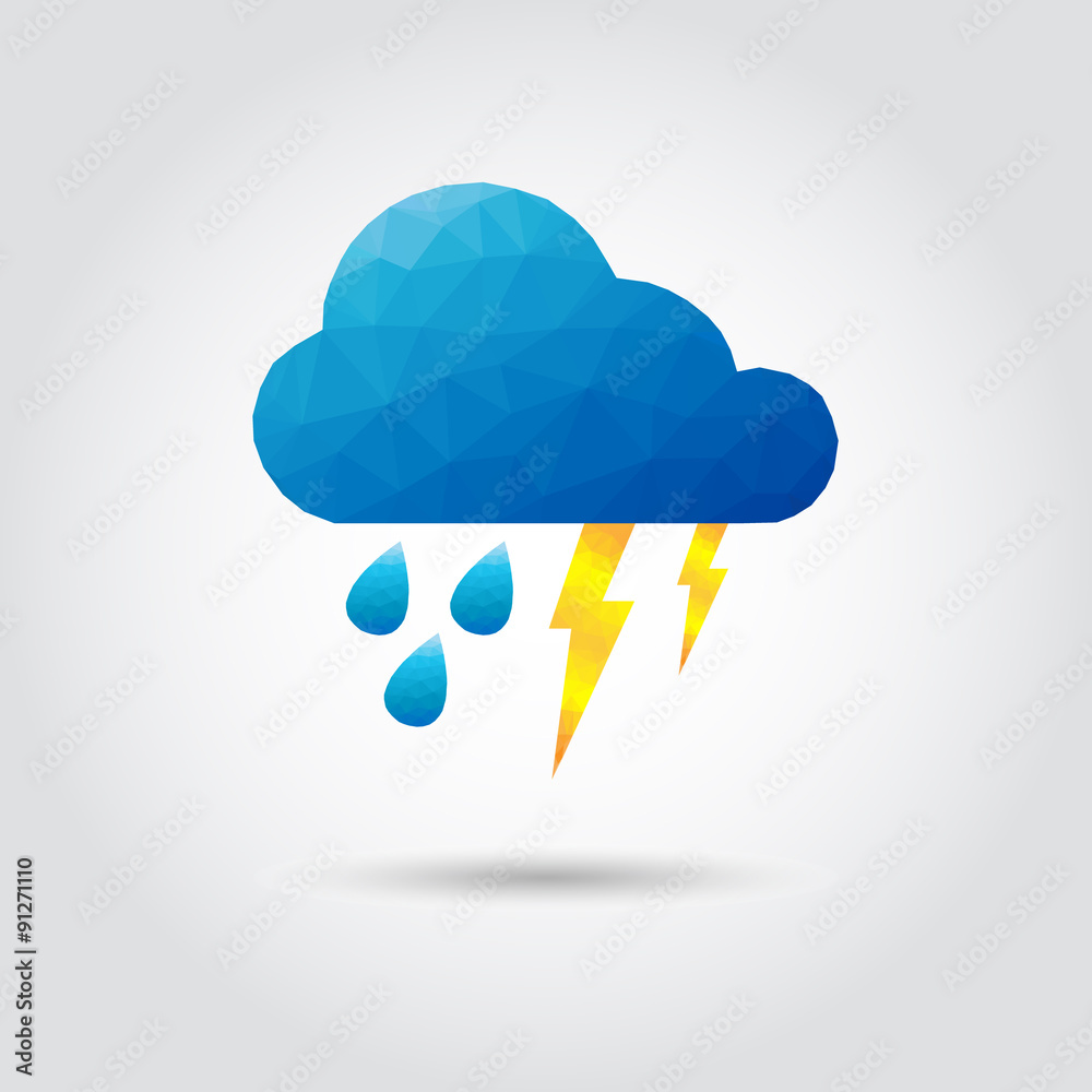 Rain cloud with lightning polygon icon in modern style with shadow and ...