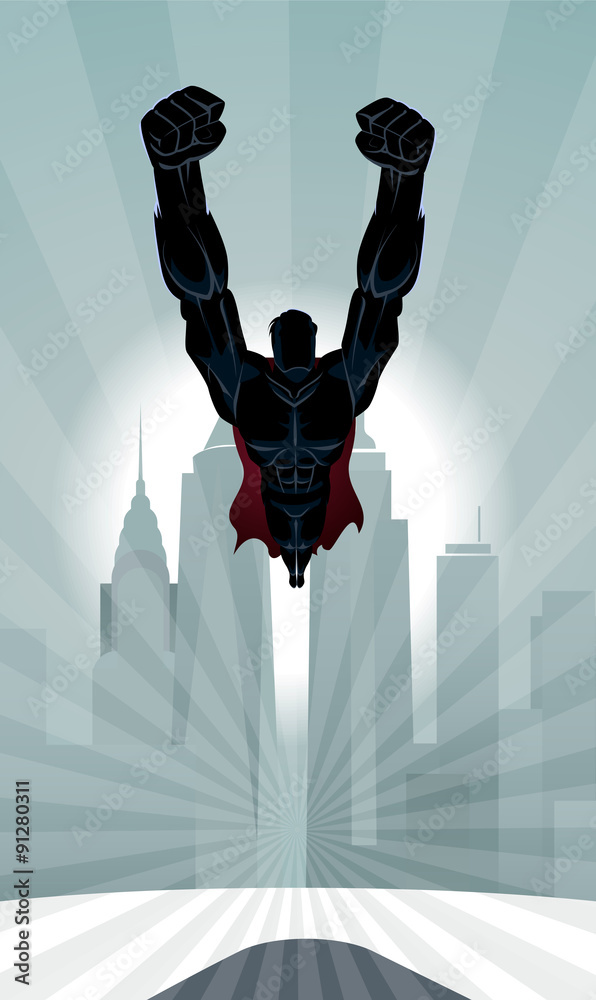 Superhero flying in front of a urban background. Stock Vector | Adobe Stock