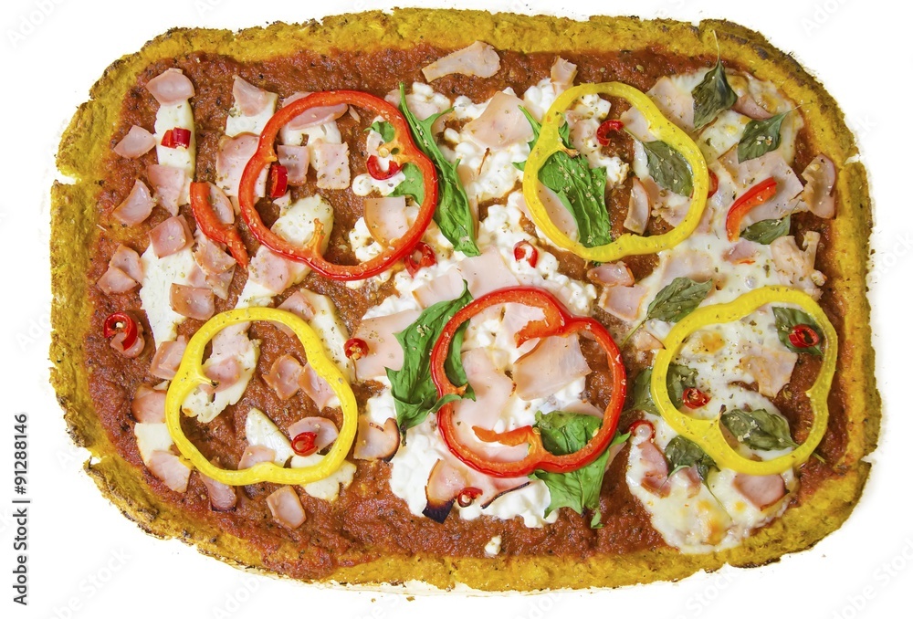 Top view of rectangular oven baked cauliflower pizza crust with ...