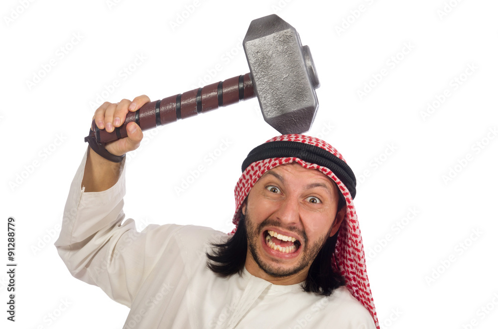 Angry arab man with hammer isolated on white Stock Photo | Adobe Stock