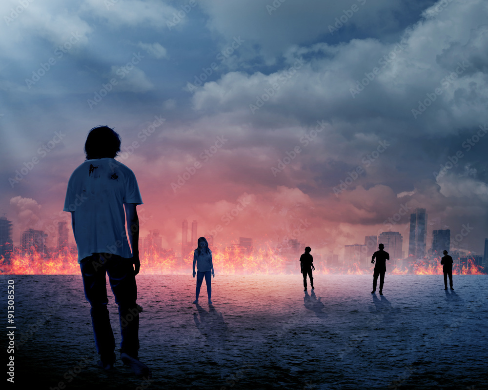 Group of zombie over burn city background Stock Photo | Adobe Stock