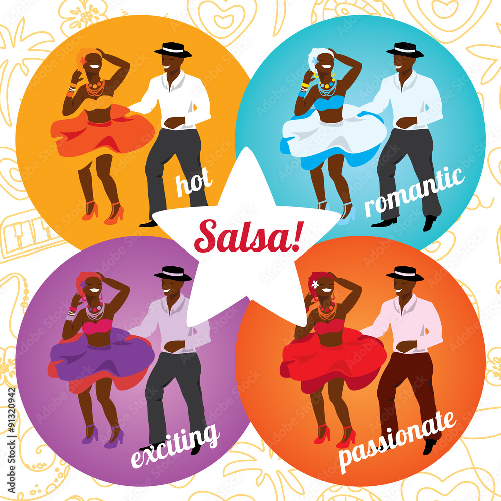 Salsa party or dance school poster with dancing cuban couple in ...