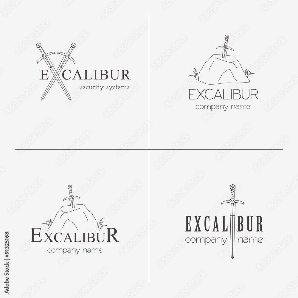 Excalibur outline Insignias and Logotypes set. Vector design ele Stock ...