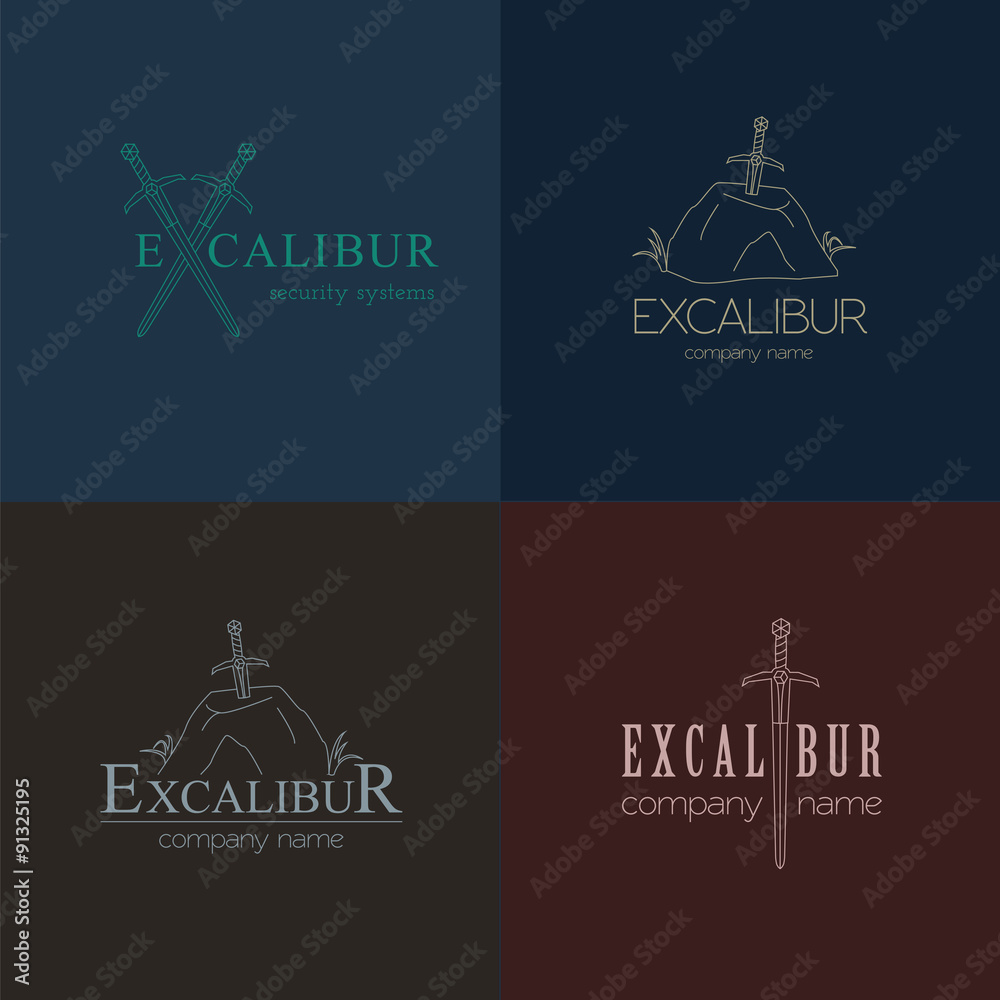 Excalibur outline Insignias and Logotypes set. Vector design ele Stock ...