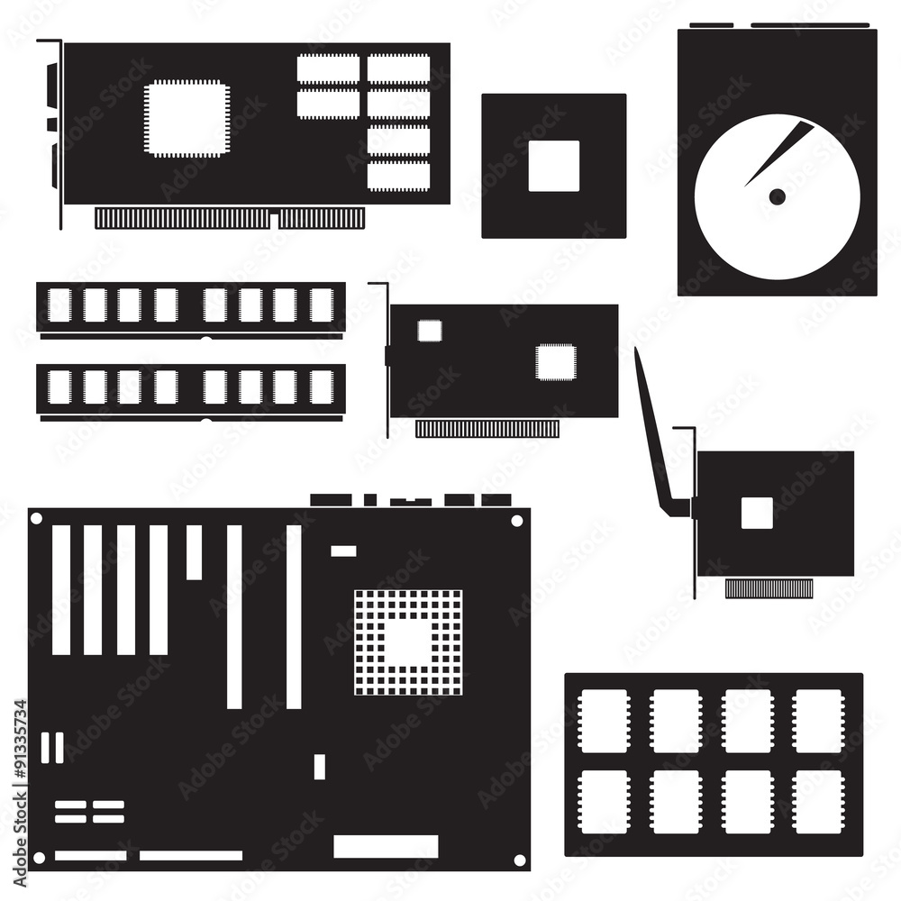 internal desktop computer components black symbols eps10 Stock Vector ...
