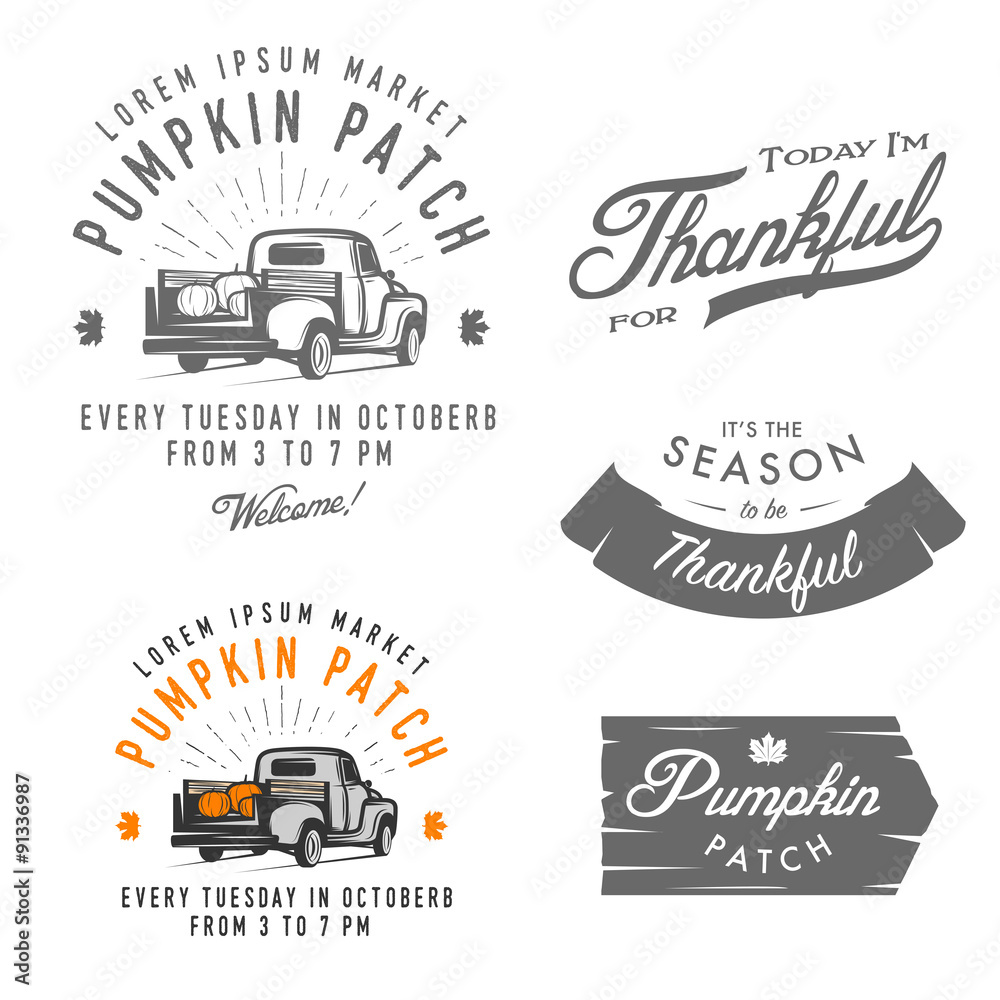 Set of vintage Thanksgiving Day emblems, signs and design elements ...