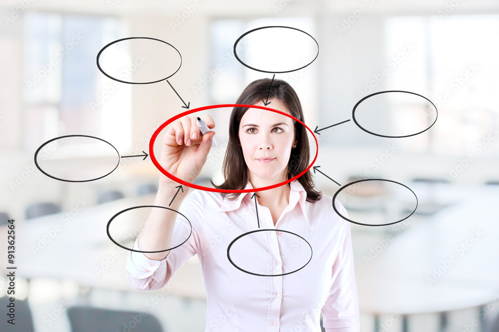 Young business woman writing diagram of centralization. Office ...