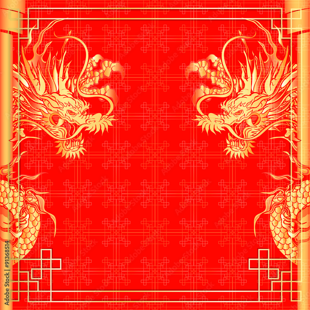 Vector illustration of a frame with a red dragon gold-colored sticker ...