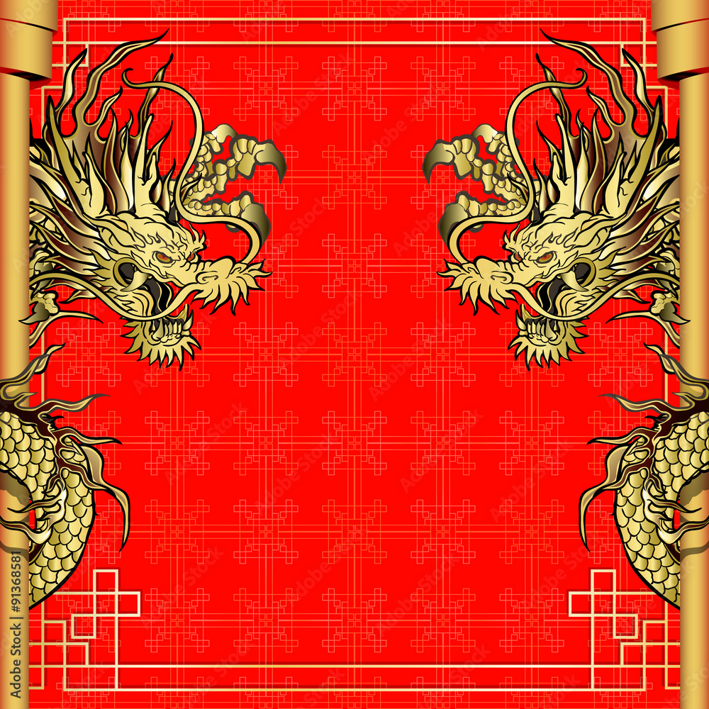 Vector illustration of a frame with a red dragon gold-colored sticker ...