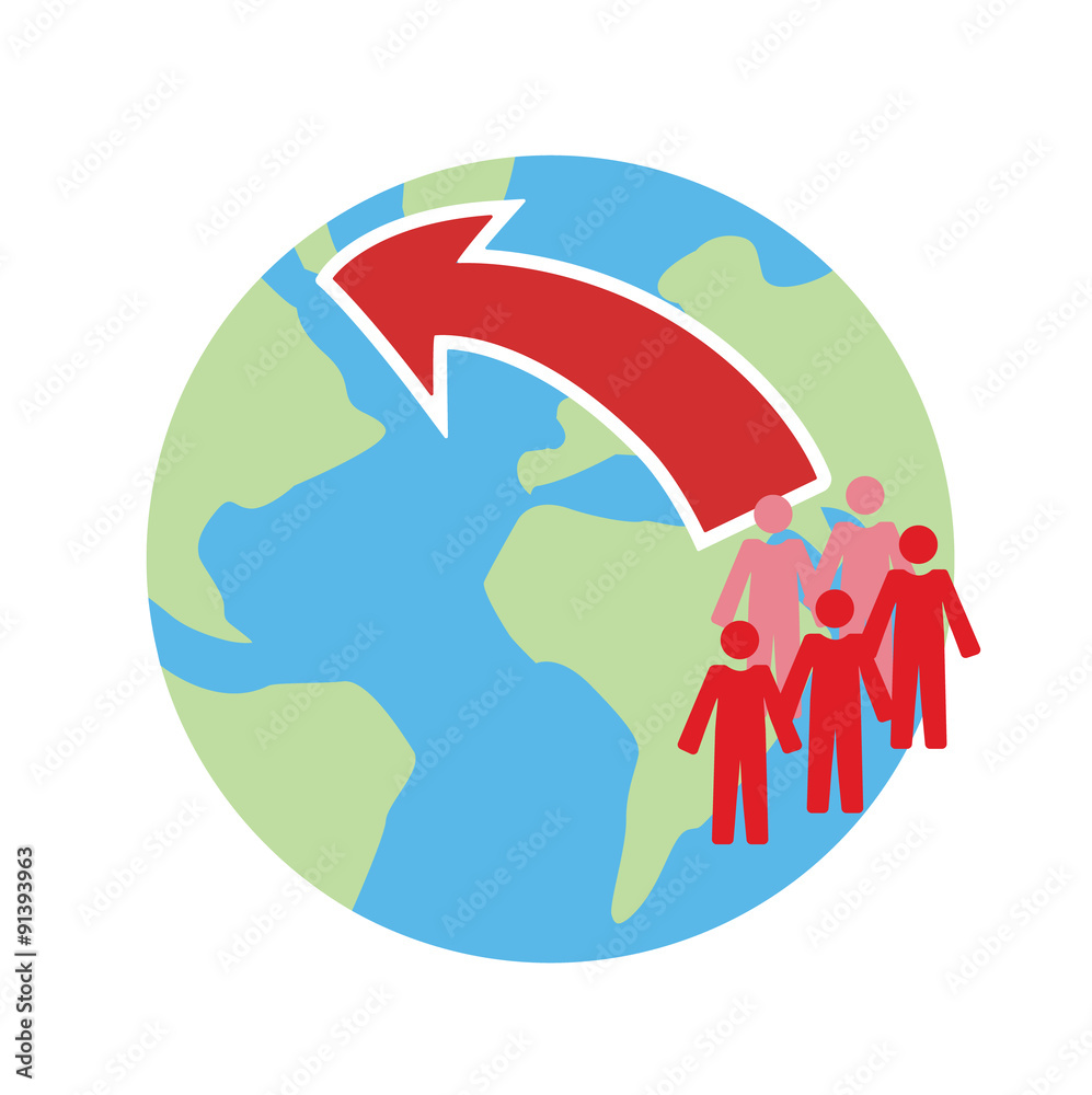 Vector image of people on a globe with an arrow indicating travel ...